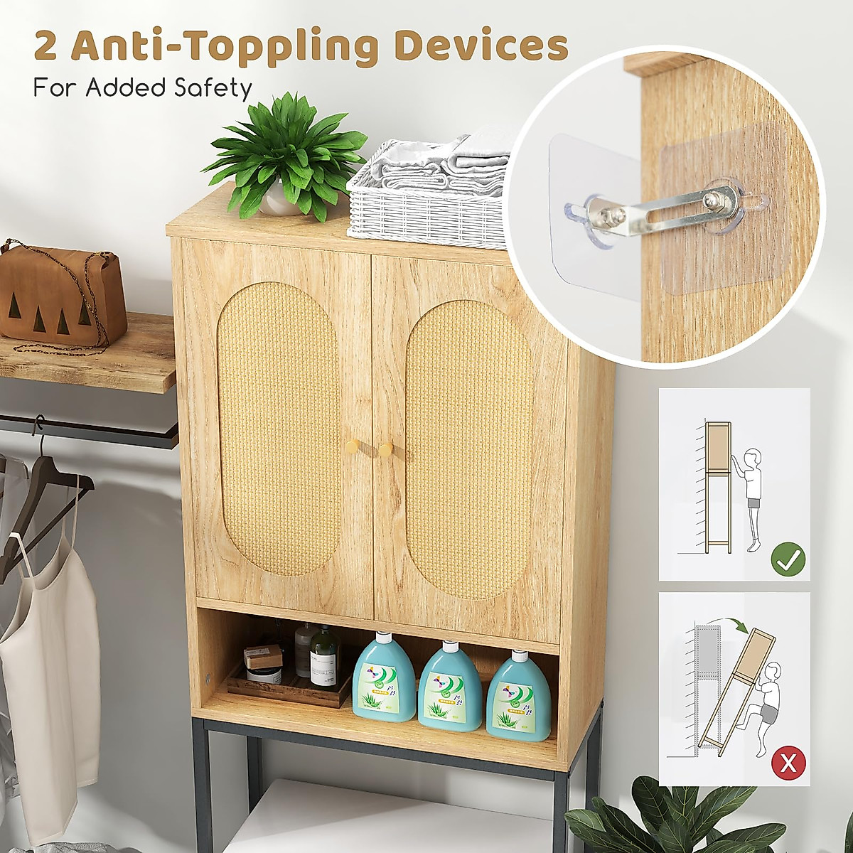 Tangkula Over The Toilet Storage Cabinet, 69" Tall Freestanding Above Toilet Organizer w/Rattan Doors & Shelves, Home Space Saver for Bathroom & Laundry Room (Farmhouse, Natural)