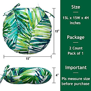 Magpie Fabrics 15" Round Bistro Seat Cushions with Ties, Set of 2, Waterproof All Weather Tufted 4" Thick Patio Chair Pads for Home Garden Dining Metal Stool - Green Palm Leaves