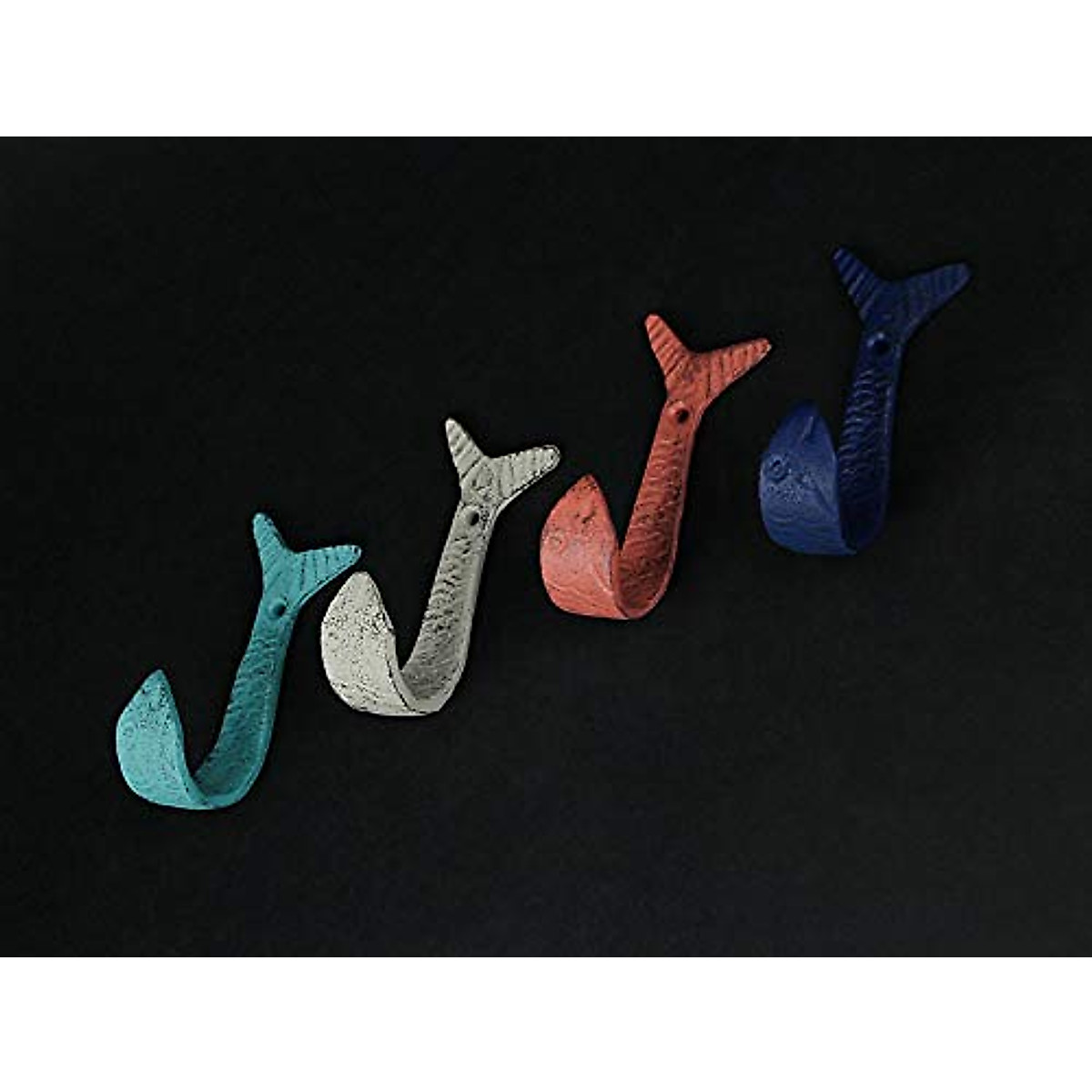 Zeckos Set of 4 Cast Iron Flipping Fish Decorative Wall Hooks Coastal Décor Beach Towel Hanging Decor Rustic Key or Coat Rack