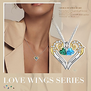Zomodia Personalized Simulated Birthstone Necklace for Women, Angel Wings Necklace Custom Mom Necklace with Names Engraved Heart Promise Pendant for Her (2 stones)