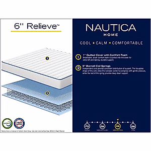 Nautica Home, 6" Relieve Innerspring Hybrid Mattress, Quilted Memory Foam Cover, High Density Comfort Latex Foam Layer with Bonnell Support Coil Springs Base, Size Full, White