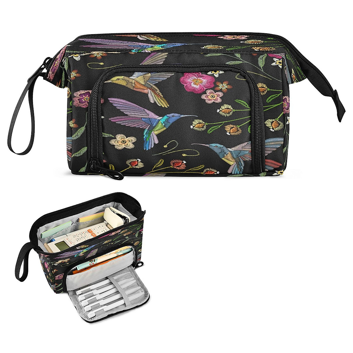 Eionryn Beautiful Hummingbirds Exotic Flowers Pencil Case Big Capacity Pencil Pouch Pen Case Makeup Bag School Office Organizer