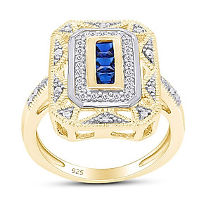 14K Yellow Gold Over Sterling Silver Simulated Blue Sapphire & Diamond Accent Art Deco-Style Ring (1/10 cttw, I-J Color, I3 Clarity) Ring Size-7