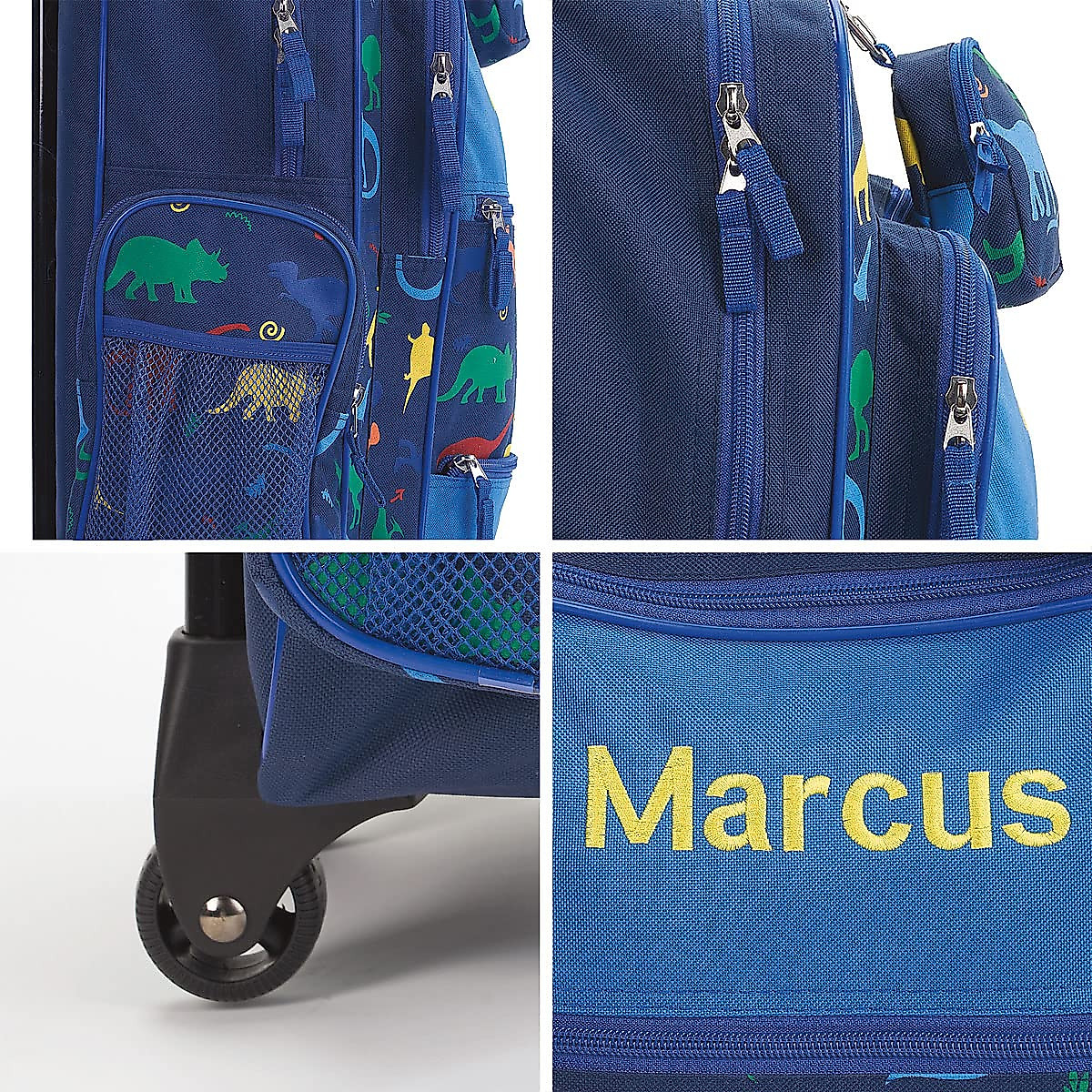 Lillian Vernon Personalized Rolling Luggage for Kids, 5-Pocket Dinosaur Suitcase Set With Clip-On Pouch, Customizable Boys Travel Carrier on Wheels, 6W x 15.5L x 23”H