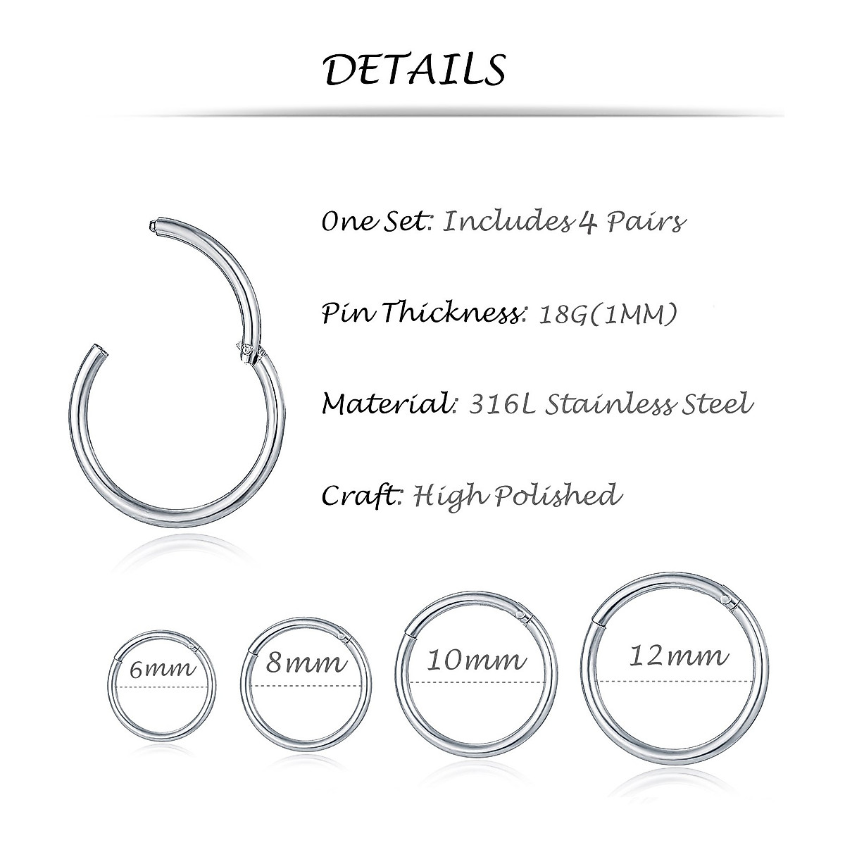 Tornito 8Pcs 18G Stainles Steel Clicker Ring Seamless Lip Nose Daith Cartilage Helix Tragus Hoop Ring