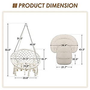 Hammock Chair with Cushion, Handmade Macrame Swing Chair with Hanging Hardware Kits, Bohemian Style Cotton Rope, Hanging Chair for Indoor Outdoor, Bedroom, Living Room, Patio -330lbs Capacity