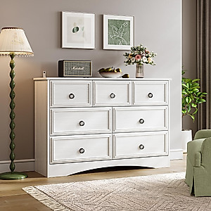 LGHM Modern 7 Drawer Dresser, Dressers for Bedroom, Chest of Drawers Closet Organizers and Storage Clothes - Easy Pulls Handle, Textured Borders Living Room, Hallway, White