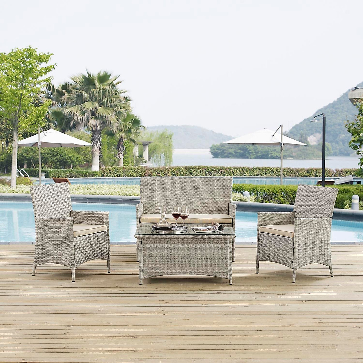 Modway Bridge Wicker Rattan 4-Piece Outdoor Patio Furniture Set in Light Gray Beige