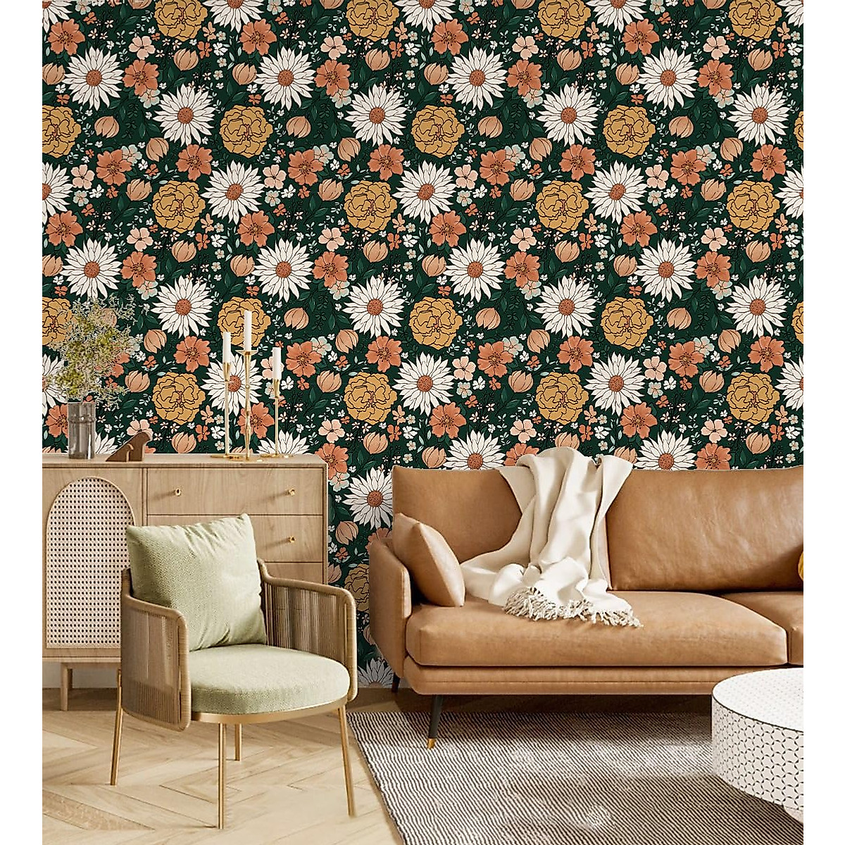 HAOKHOME Floral Peel and Stick Wallpaper Boho Wall Paper Vintage Removable for Bedroom Contact Paper Green/Terracotta 17.7in x 9.8ft