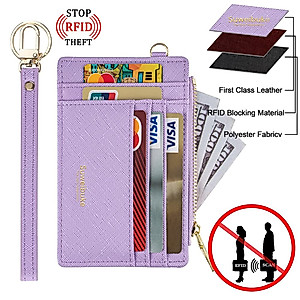 Wikavanli Women Slim Rfid Blocking Credit Card Case Holder Wristlet Zip ID Case Wallet Small Compact Leather Wallet Coin Purse with Keychain (Light Purple a)