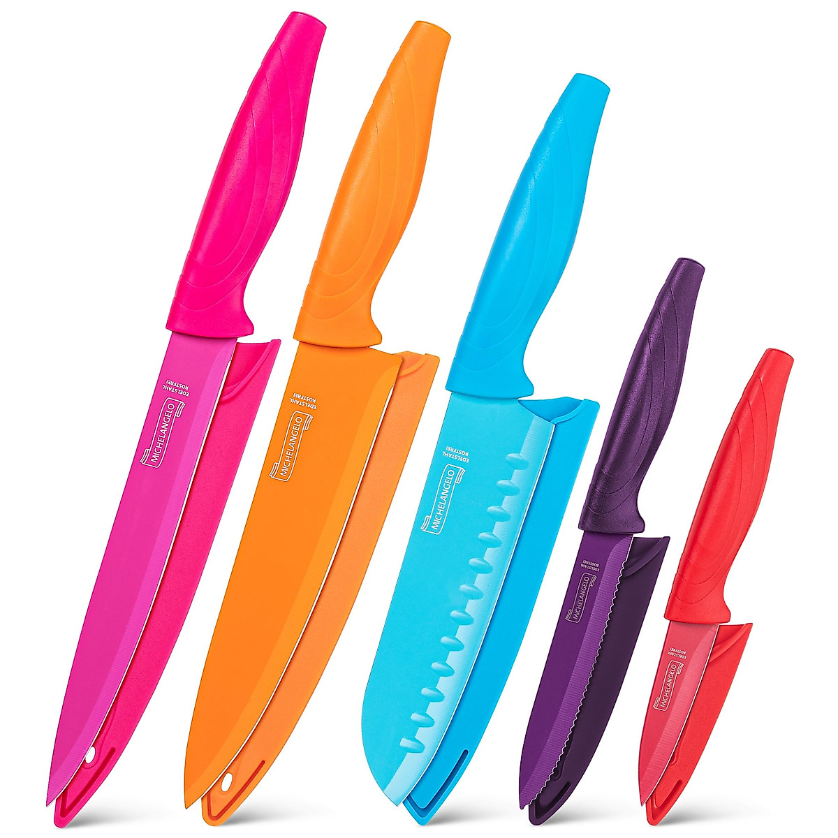 MICHELANGELO Kitchen Knife Set 10 Piece, Rainbow Knife Set for Kitchen, High Carbon Stainless Steel Kitchen Knives Set, Kitchen Knife Set with Covers, Colorful Knife Set- 5 Knives and 5 Knife Covers