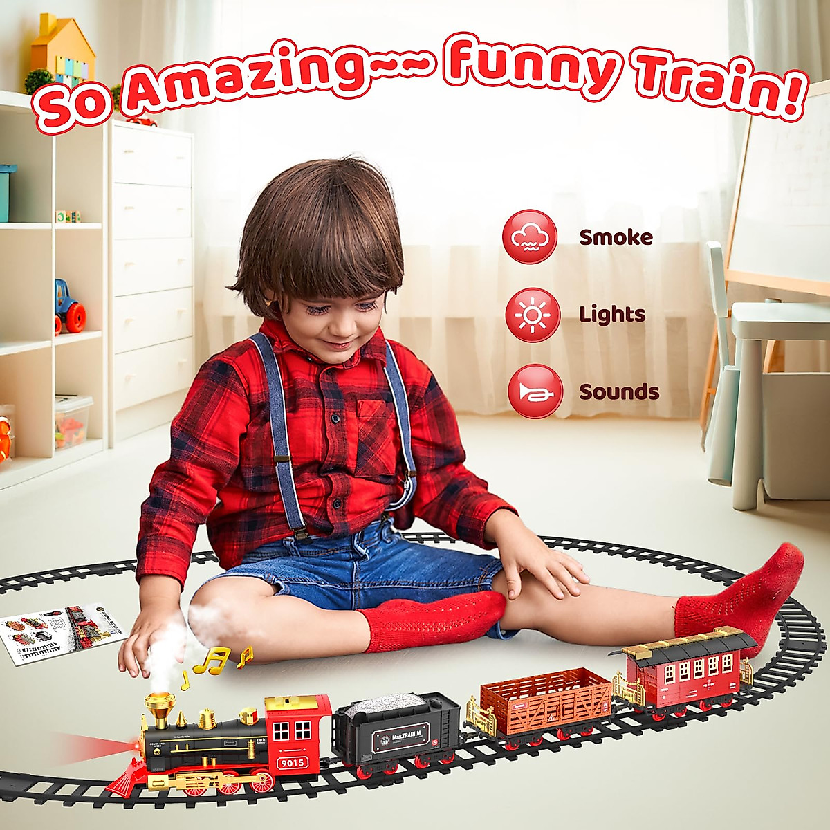 Hot Bee Train Set - Train Toys for Boys w/Smokes, Lights & Sound, Toy Train w/Steam Locomotive, Train Carriages & Tracks, Toddler Model Trains for 3 4 5 6 7 8+ Years Old Kids Birthday Gifts