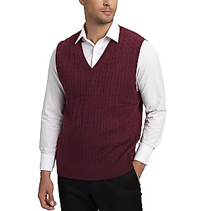 Kallspin Men’s Wool Blended Cable Knit Vest Sweater V Neck Relaxed Fit Sleeveless Pullovers (Burgundy Red Medium)