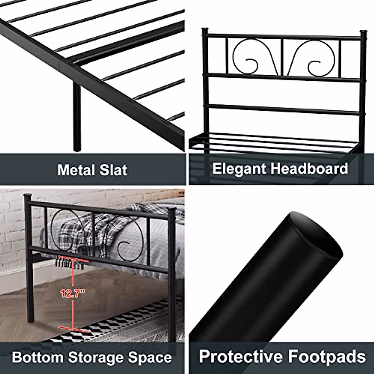 Twin Bed Frames Black for Boys Teenagers Adult, Single Platform Steel Bed Frame with Storage Girls Twin Size Beds Mattress Foundation Metal Slats Support with Headboard Footboard No Box Spring Needed