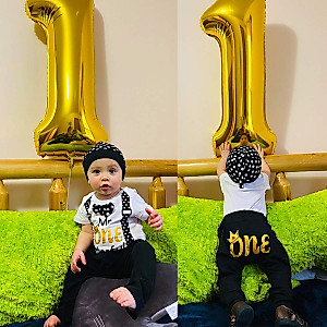 Baby First Birthday Outfit Boy Gifts Funny Bowtie One Year Old Boys Romper Bodysuit Set (12-18 Months) Black