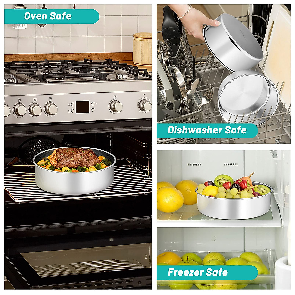 TeamFar 6/8 / 9 Inch Cake Pan, Stainless Steel Round Baking Pan for Cake Brownie Lasagna, Non-Toxic & Heavy Duty, 3” Deep Wall & One Piece, Smooth & Dishwasher Safe-Set of 3