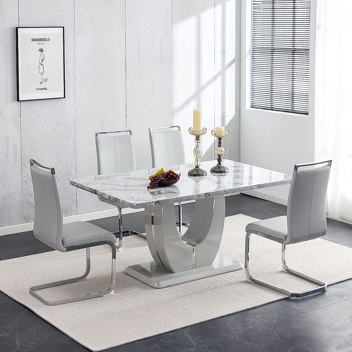 HomVent 7PCS Dining Table Set for 6,63" Dining Table with Imitation Marble Grain Table Top & High Glossy Wooden Bracket,PU Leather Chairs and Kitchen Table