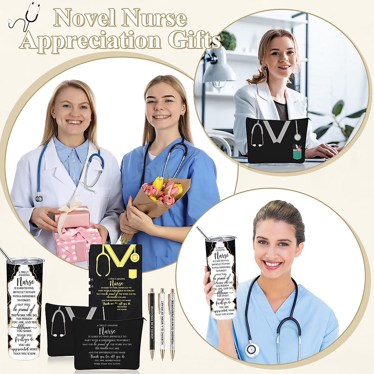 Domensi 6 Pcs Nurse Week Appreciation Gifts for Women Medical Nursing Assistant 20 oz Marble Sign Tumbler Makeup Bag Notepad with Ballpoint Pen for Graduation Nursing Student(Black)