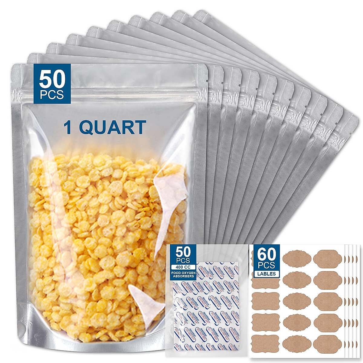 50 Packs Mylar Bags for Food Storage with Clear Window,1 QUART( 9.44 Mil, 7"x 10")Reusable Mylar Bags with Oxygen Absorber for Grains, Wheat, Rice, Legumes, Meat Long Term Food Storage
