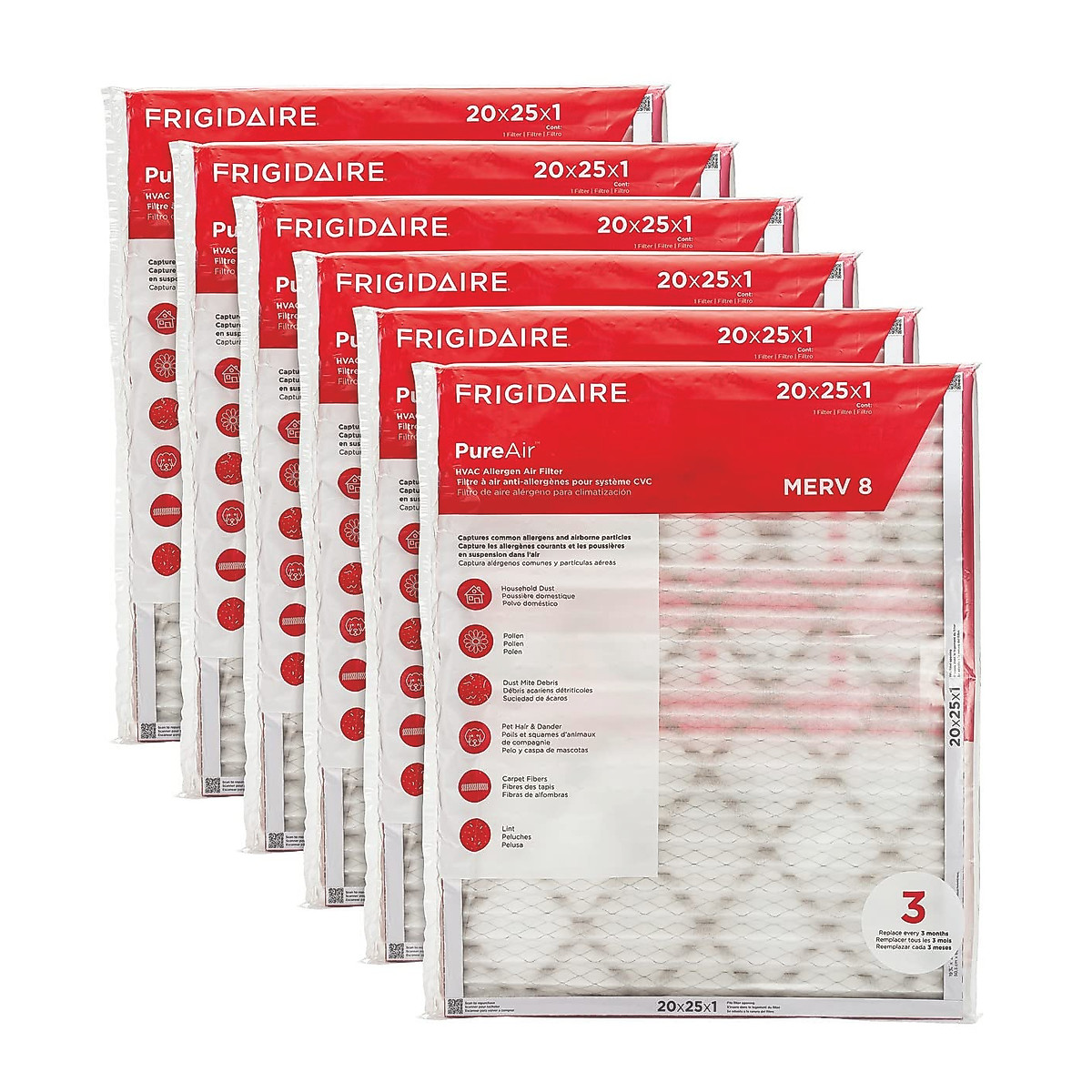 Frigidaire PureAir® 20x25x1 MERV 8 Allergen Electrostatic Pleated Air Conditioner HVAC AC Furnace Filters - 6 Pack (exact dimensions 19.81 X 24.81 X 0.81)