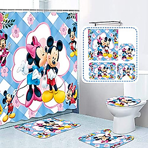 YQPBZCHH 4 Pcs Cartoon Shower Curtain Sets with Non-Slip Rug,Toilet Lid Cover and Absorbent Carpet Bath Mat,Durable Waterproof Shower Curtain with 12 Hooks for Bathroom (A)