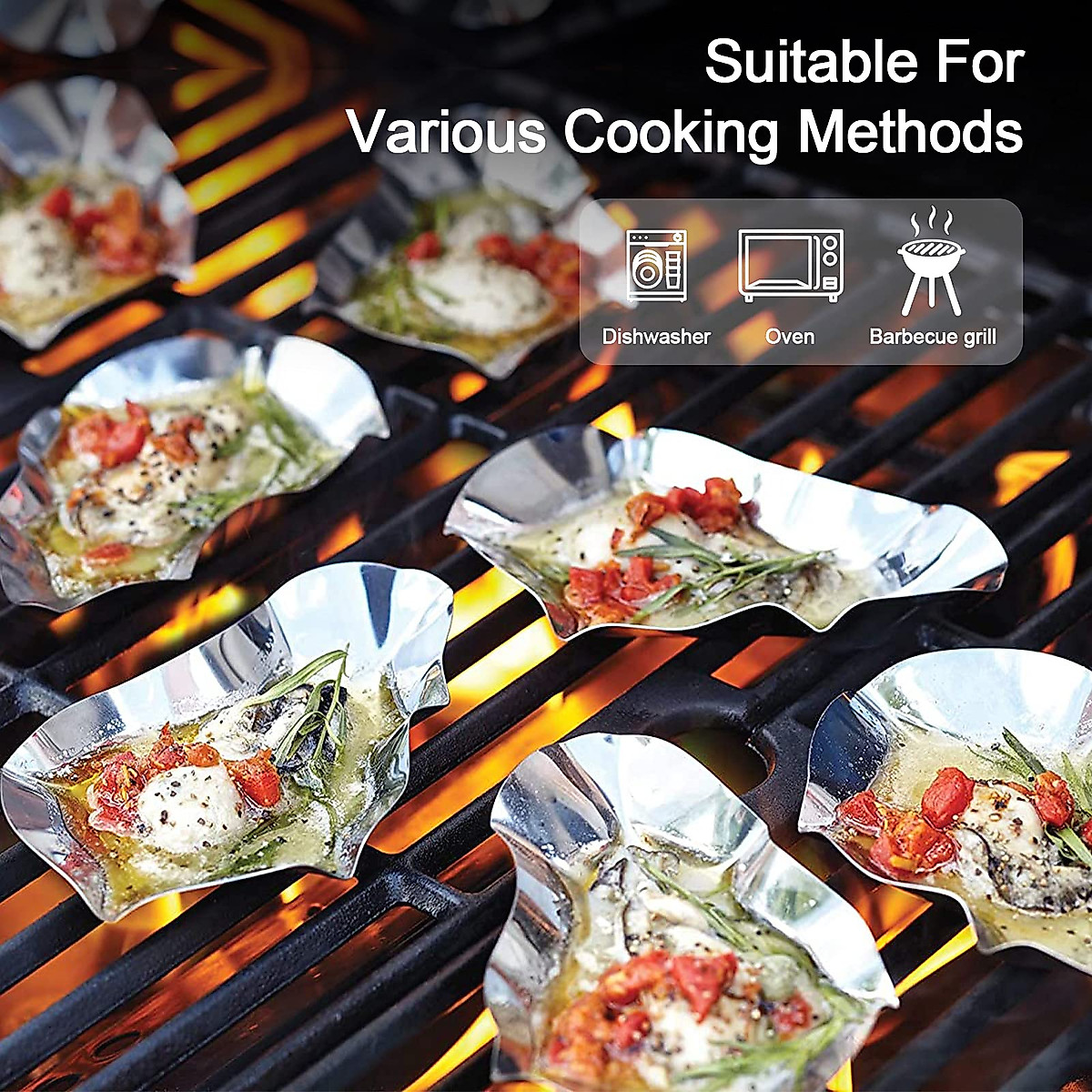 Linoone Reusable Stainless Steel Grilled Oyster Shells, Set of 12, Great for Make Oysters/Baked Clams/Scallop/Seafood of All Kind, Silver（Stainless Steel Kitchen Tongs） (Set of 12)