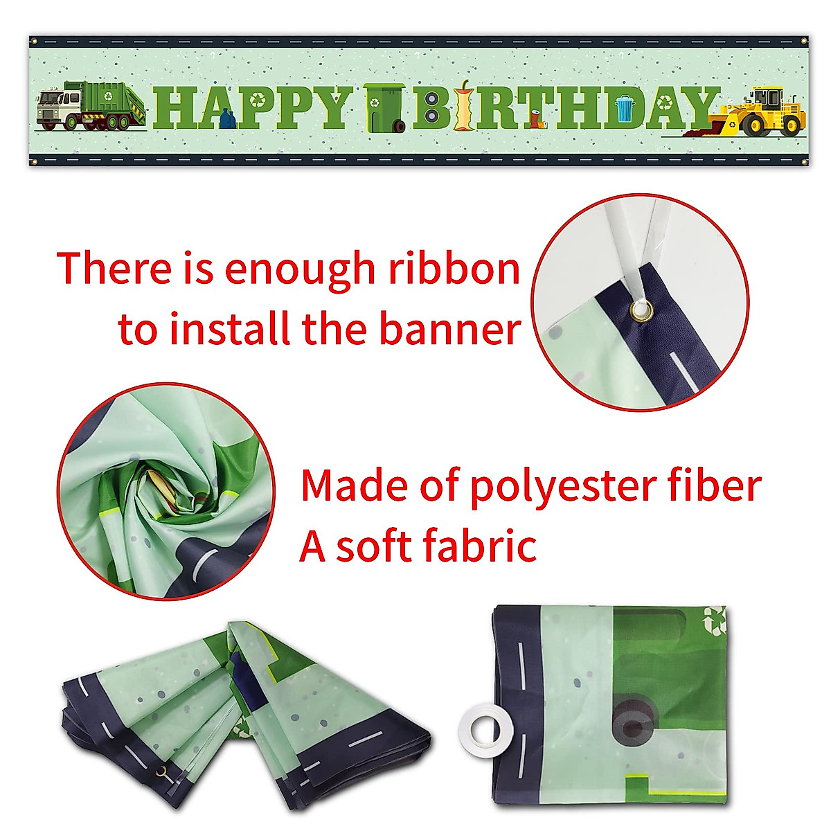 Garbage Truck Happy Birthday Banner,Garbage Truck Waste Management Recycling Bin Birthday Party Yard Banner,Trash Trucks Birthday Party Supplies Decoration Outdoor Indoor (9.8 x 1.6 feet)