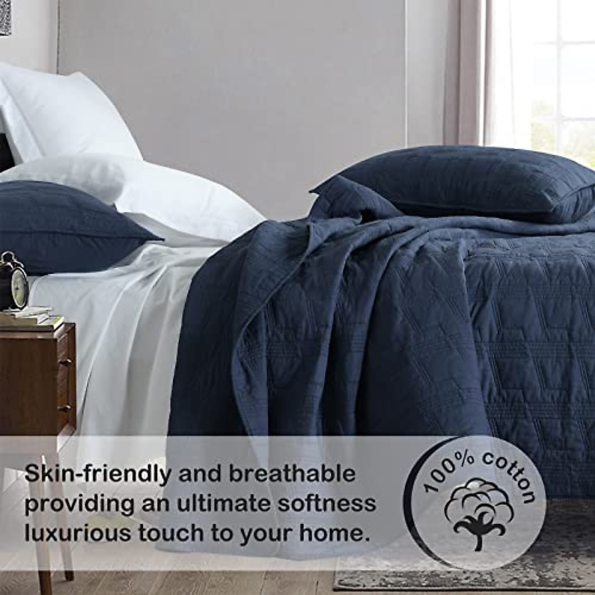 100% Cotton Quilt Set King Size, Navy Blue Pre-washed 3-Piece Bedspread Coverlet Set, Cozy Lightweight Stitching Decorative Bedding Cover with 2 Shams in Geometric Pattern Rustic Style for All Season