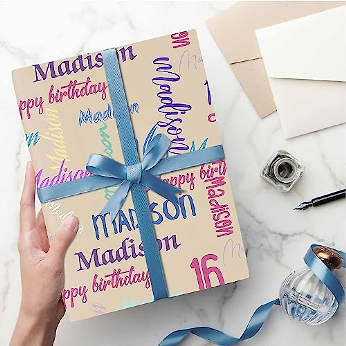 M YESCUSTOM Custom Wrapping Paper Roll with Name for Birthday Gift Wrap, Customized Wrapping Paper with Happy Birthday Font Print for Dad Mom Boys Girls Friends Lover