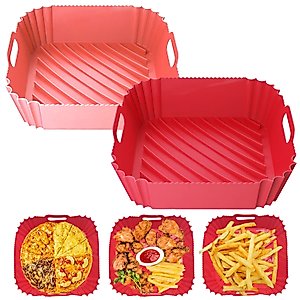 QURAR 2 Pack Air Fryer Silicone Liners | Top 8in, Bottom 7in | Silicone Liners Pot for 4 to 7 QT, Reusable Square Food Safe Silicone Basket Replacement of Flammable Parchment Paper, (Red & Pink)