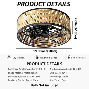 zheshirui Rattan Boho Ceiling Fan with Light Flush Mount, 20 Inch Caged Ceiling Fans with Light and Remote Control, Low Profile Enclosed 6 Speeds for Bedroom Kitchen Living Room