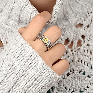 Boho-Magic Sunflower Ring, Spinner Rings for Women 925 Sterling Silver and Brass Sunflower | Nature Wide Band Fidget Meditation Anxiety jewelry