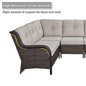 Wicker Outdoor Patio Furniture Set - Rattan Sofa Sectional Conversation Sets with 2 Loveseat,1 Corner Sofa,1 Armless Sofa and 1 Square Propane Fire Pit Table(Brown Wicker/Beige Cushion)