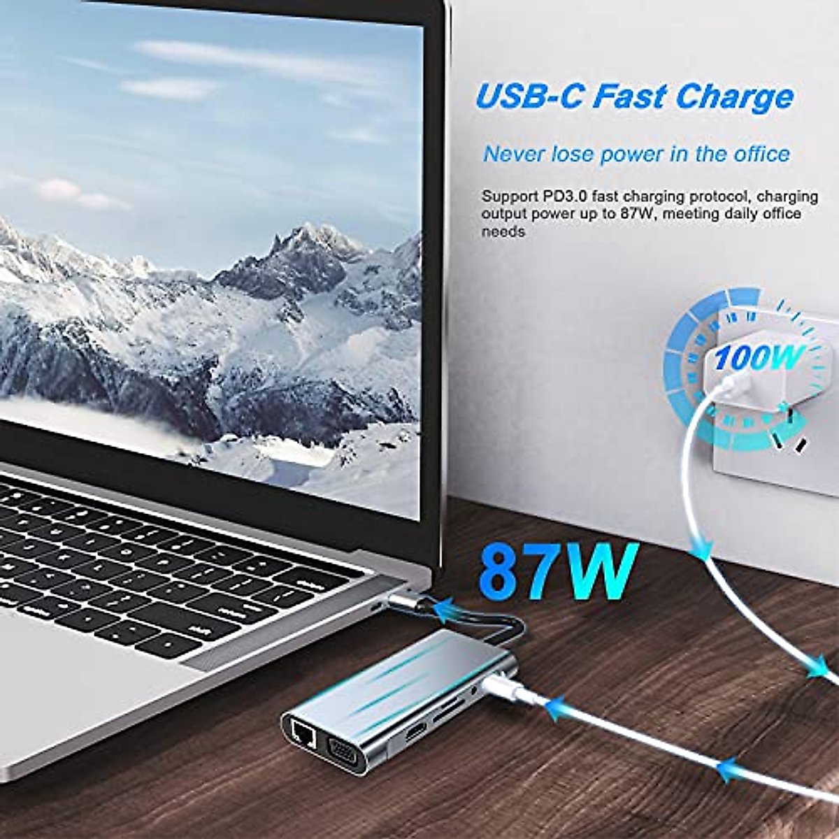 USB C HUB, USB C Adapter 11 in 1 Dongle with 4K HDMI, VGA, Type C PD, USB3.0, RJ45 Ethernet, SD/TF Card Reader, 3.5mm AUX, Docking Station Compatible