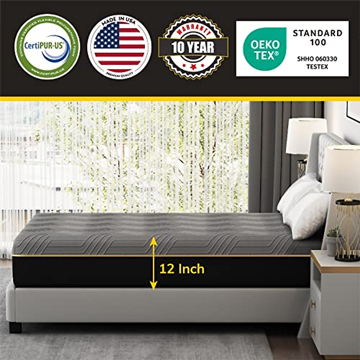 EGOHOME 12 Inch Queen Copper Gel Memory Foam Mattress, Therapeutic Mattress for Back Pain Relief, Cooling Gel Double Mattress Bed in a Box, Made in USA, CertiPUR-US Certified, 60”x80”x12”, Black