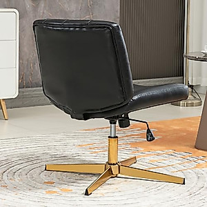 TURRIDU Home Office Armless Swivel Chair, Criss Cross Golden Legs No Wheels PU Leather Wide Seat Mid Back Aesthetic Chair for Living Room Bedroom Vanity Makeup Reading Computer Desk Task, Black