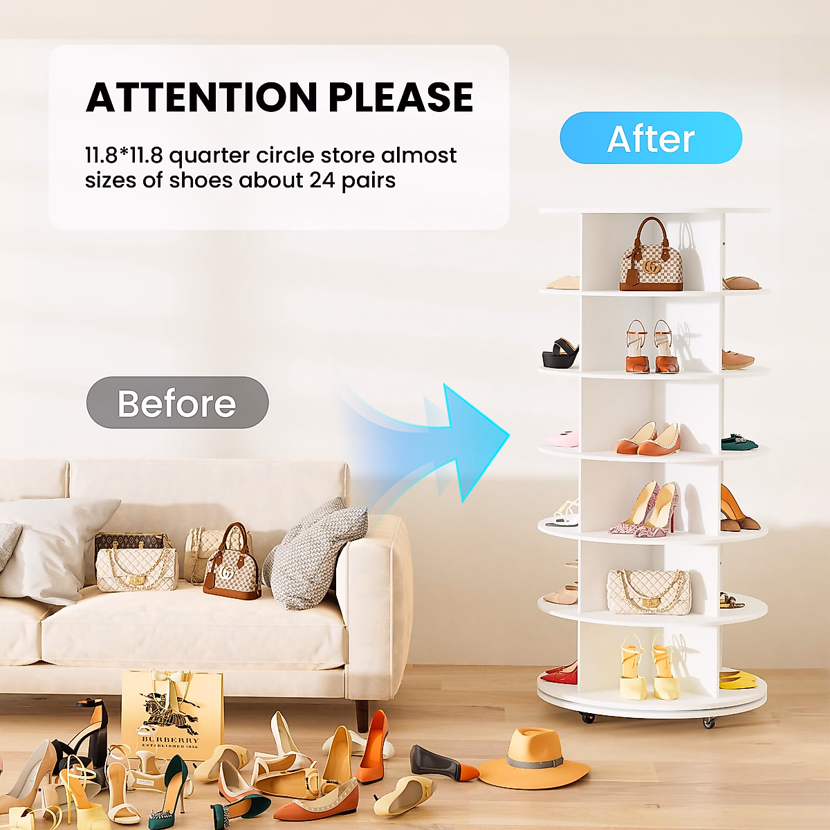 Gujiam 6-Tier Rotating Shoe Rack Tower 360 with Wheels, 57.5in Spinning Shoe Rack, Revolving Shoe Rack, Shoe Carousel Closet Organizer, Free Standing Shoe Rack for Entryway Living Room Hallway White