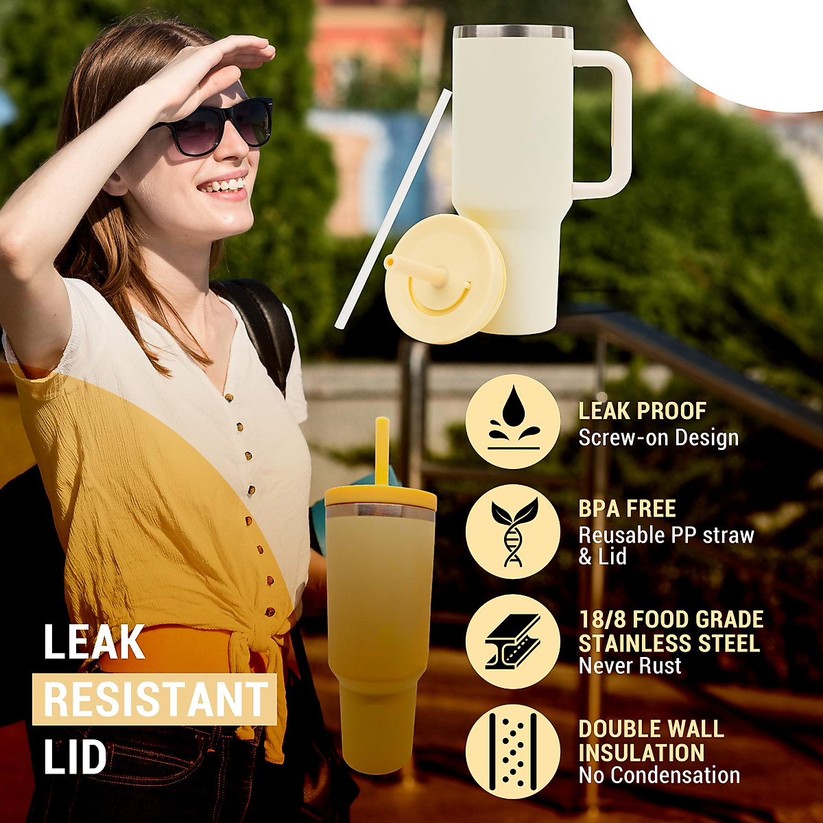 C&Y Company Tumbler With Straw and Handle 40oz, 40oz Tumbler With Silicone Straw, Leakproof Lid, Spill Proof Lid, Insulation Double Wall Stainless Steel Tumbler With Handle (Cream Lemon)