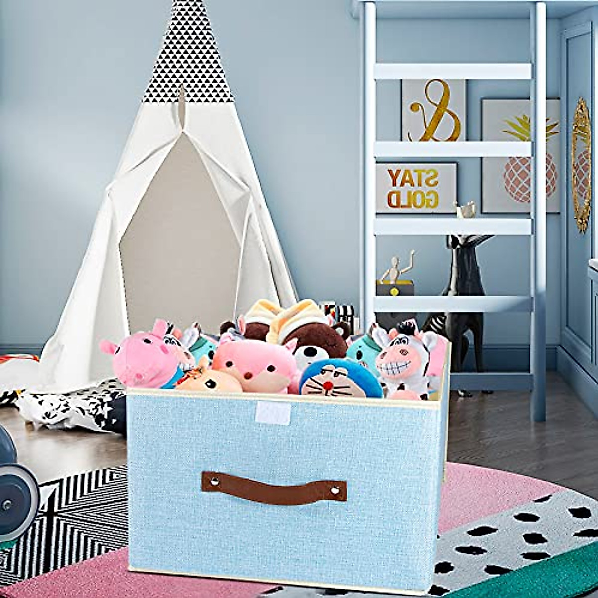 JYPS 3-Pack Extra Large Collapsible Storage Bins with Lids and Handles (15x10x10 inches), Washable Foldable Clothes Storage Boxes, Storage Cubes Organizer for Bedroom Closet Office -Blue