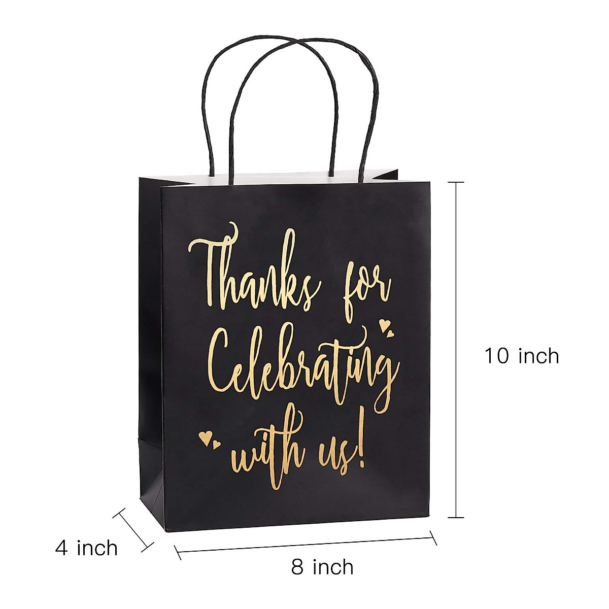 LaRibbons Medium Size Gift Bags - Gold Foil Thanks for celebrating with us Black Paper Bags with Handles for Wedding, Birthday, Baby Shower, Party Favors - 12 Pack - 8" x 4" x 10"