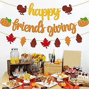 Happy Friends Giving Banner Fall Leaves Garland Thanksgiving Day Autumn Turkey Theme for Happy Friendsgiving Party Glitter Gold Decorations