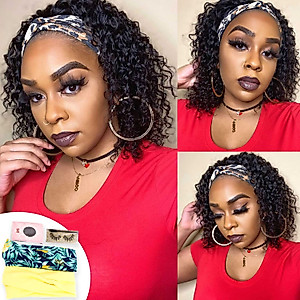 Punmasa Headband Wig Human Hair Deep Wave 12 Inches None Lace Front Wig Human Hair Machine Made Wigs 150% Density Headband Curly Human Hair Wigs for Women Natural Color Half Wigs