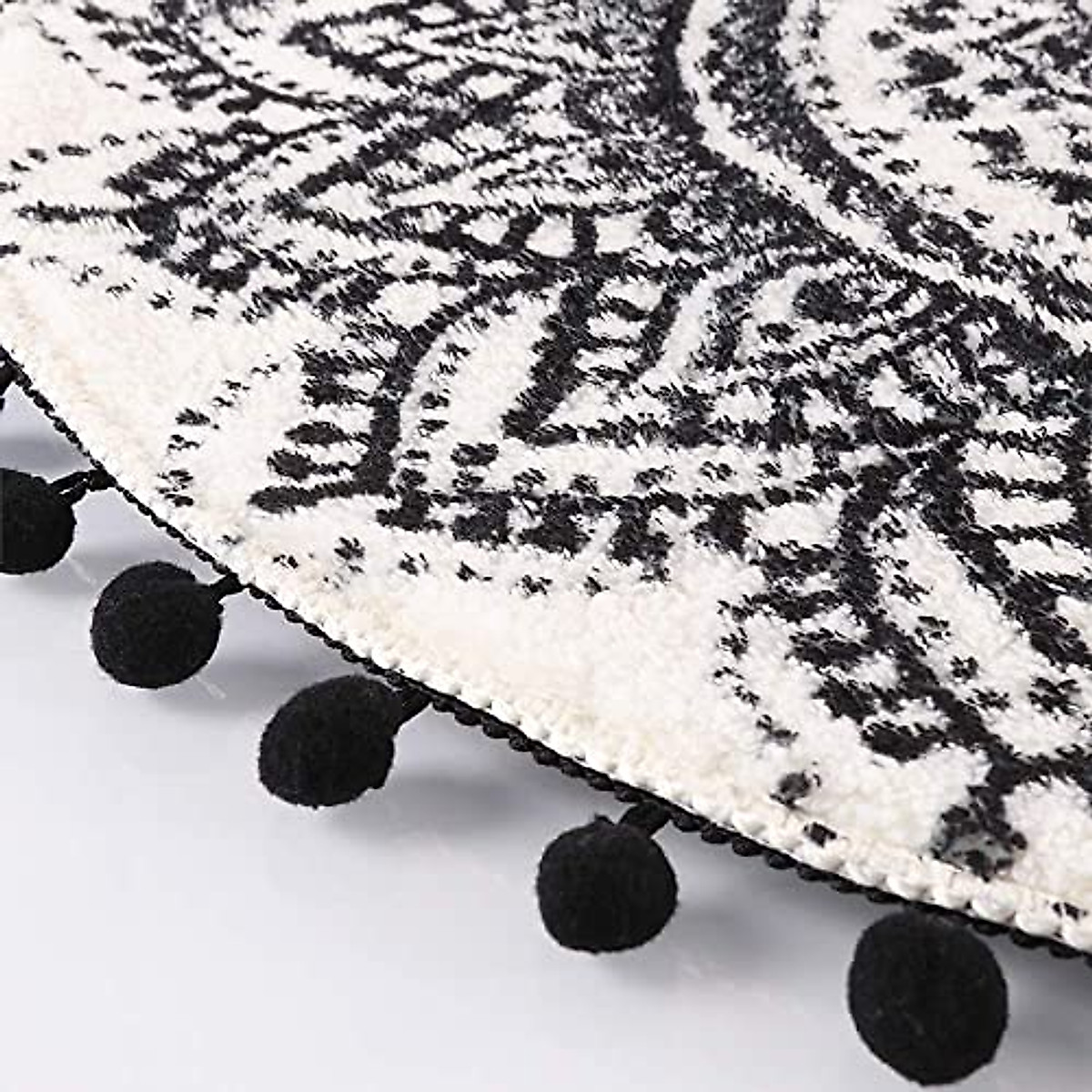 LIVEBOX Boho Area Rug 4ft Black and Cream Mandala Round Bedroom Rug with Chic Pom Pom Fringe Non-Slip Machine Washable Ultra Soft Indoor Sofa Floor Mat for Living Room Playroom Kids Room