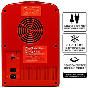 Coca-Cola Classic Coke Bottle 4L Mini Fridge w/ 12V DC and 110V AC Cords, 6 Can Portable Cooler, Personal Travel Refrigerator for Snacks Lunch Drinks Cosmetics, Desk Home Office Dorm, Red