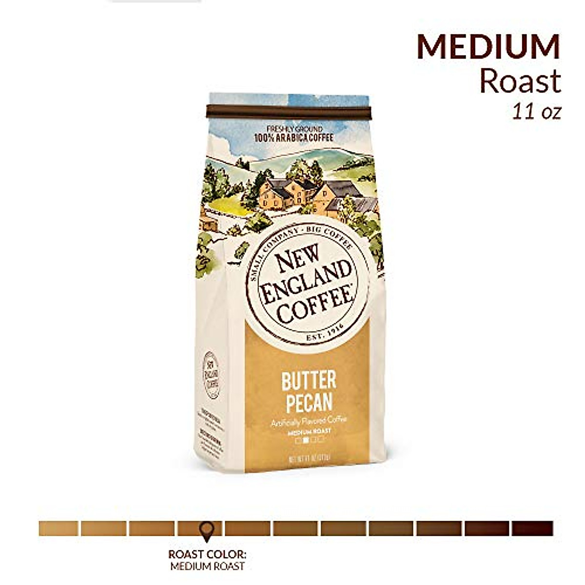 New England Coffee Butter Pecan Medium Roast Ground Coffee, 11oz Bag (Pack of 1)