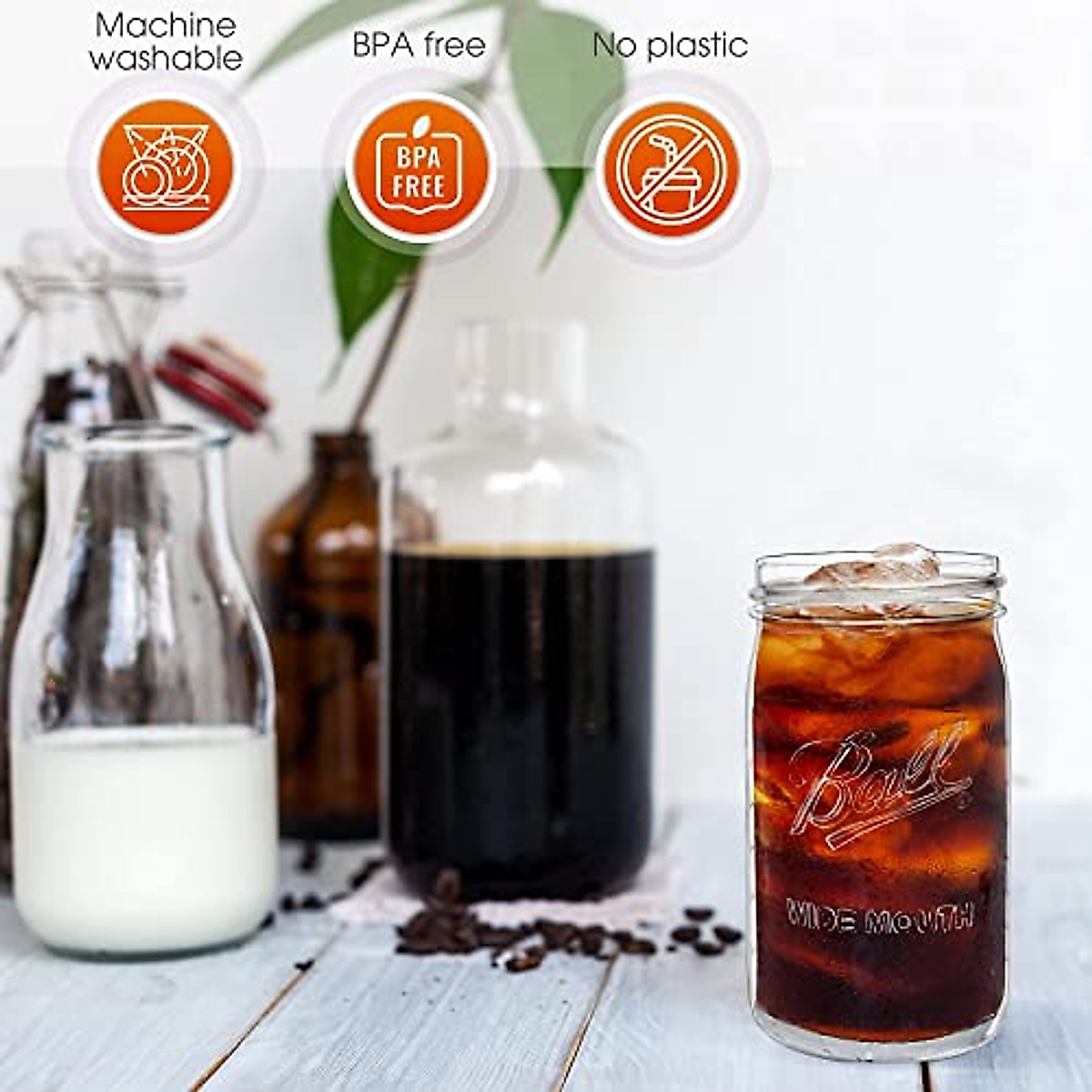 Reusable Boba Bubble Tea & Smoothie Cups - 2 Glass Wide Mouth 32oz Mason Jars with Bamboo Lids - 2 Reusable Gold Stainless Steel Boba Straws