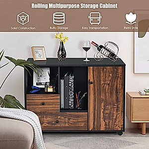 Giantex Mobile Filing Cabinet 2 Drawers, Large Storage Cabinet, Printer Stand on Wheels, Wood Lateral Industrial File Organizer with Open Shelves for Home and Office Use(Black+Brown, 4 Wheels)