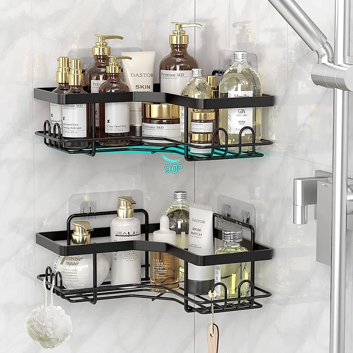 SOLY Corner Shower Caddy,3 Pack Adhesive Shower Corner Organizer Shelves, Rustproof Stainless Steel No Drilling Rack with Hooks&Soap Holder for Bathroom, Countertop and Kitchen