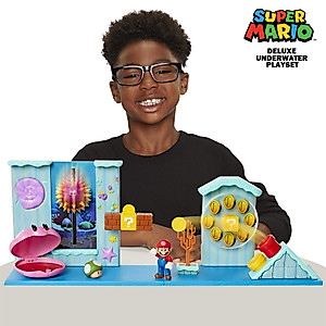 Nintendo Super Mario Deluxe Underwater Playset with 5 Interactive Environmentpiece – Includes 2.5” Mario Figure, 1-Up Mushroom Accessory & Warp Pipe Coin Launcher