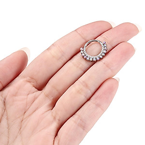 Septum Jewelry 16G Daith Earrings Surgical Steel Purple Opal Septum Rings Silver Nose Ring Hoop Opal Septum Clicker Ring Daith Piercing Jewelry Rook Helix Tragus Conch Cartilage Hoop Earrings 10mm